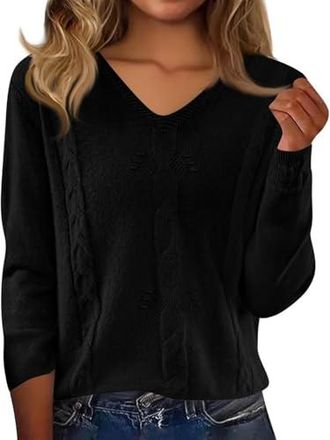 Generic Pull surdimensionn&eacute; &agrave; col en V et &agrave; manches longues pour femme, Noir, XXL