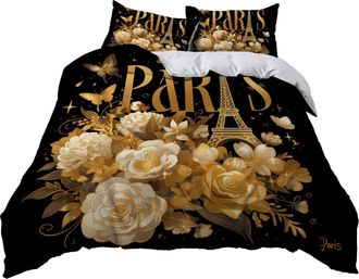 Generic Schwarz und Gold Bettw&auml;sche-Sets 200x200 cm, Pariser Turm Blume Bettw&auml;sche Weiche Mikrofaser Allergiker 3 Teilig Bettbezug mit Rei&szlig;verschluss f&uuml;r Teen