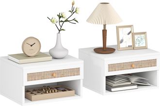 HOMCOM Set mit 2 schwebenden Nachttischen zur Wandmontage, mit Rattan-Schublade und offenem Regal, Nachttische im nordischen Stil, f&uuml;r Wohnzimmer, 40 x 34 x 