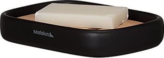 Sealskin Mind Seifenschale, Seifenablage aus Zement, mit herausnehmbarem Einsatz aus Holz, Farbe: Schwarz, B x H x T: 130 x 25 x 90 mm