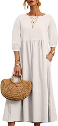 ORANDESIGNE Robe Tunique Femme Fluide Chic et Elegant Longue Droite Swing Robe Plage Bohème Ample Robe Tee Shirt avec Poche Robe Casual Décontractée Dété A Blanc 