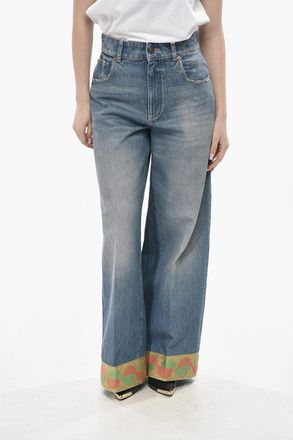 Valentino Delav&egrave; Denim Wide-Leg Jeans with 30cm Embroidered Cuff Valentino
