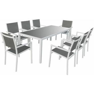 Happy Garden Salon de jardin BARI en textil&egrave;ne gris 8 places - aluminium blanc