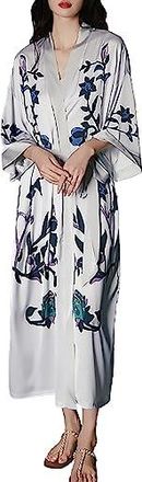 Generic Robe de matin en soie pour femme - Poids l&eacute;ger - Robe de chambre pleine longueur - Pyjama en satin confortable - Robe kimono en dentelle florale - Rob