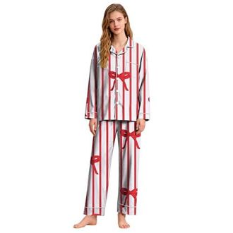 Generic Ensemble de pyjama 2 pi&egrave;ces en satin de soie pour femme - Haut &agrave; manches longues boutonn&eacute; &agrave; revers avec pantalon long - V&ecirc;tement de d&eacute;tente confortabl