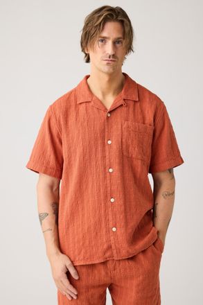 Knowledge Cotton Apparel Herren vegan Hemd Struktur Kurzarm Gebrannter Ziegel