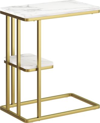 HOMCOM C-Frame Beistelltisch, 2-stöckiger schmaler Beistelltisch mit Regal, moderner Nachttisch für kleine Räume, Wohnzimmer, Schlafzimmer, 50x30x57,5 cm, we