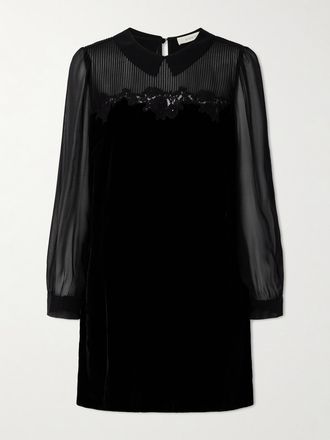 D&ocirc;en Madelynne Minikleid Aus Samt Mit Eins&auml;tzen Aus Schnurgebundener Spitze Und Seidenchiffon - Schwarz