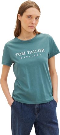 Tom Tailor Damen Basic T-Shirt mit Logo-Print, 10697 - Sea Pine Green, XXS