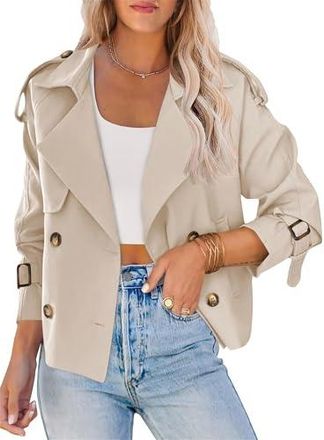 Generic Trench court &agrave; double boutonnage pour femme - Manches longues - Revers crant&eacute; - Avec poches - V&ecirc;tements dext&eacute;rieur d&eacute;contract&eacute;s et tendance, beige, L