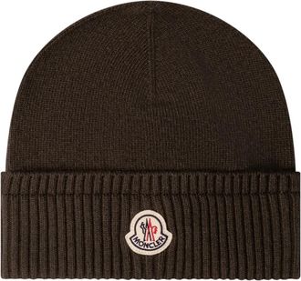 Moncler Logo-Patch Rippstrick-M&uuml;tze - - Accessories - Herren - Braun - ONE SIZE