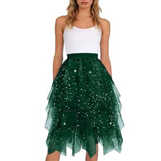 Generic Jupe longue en tulle pour femme - Jupe &agrave; paillettes pour femme - Style midi - &Eacute;l&eacute;gante - Irr&eacute;guli&egrave;re - Taille haute &eacute;lastique - Costume de carnaval - 
