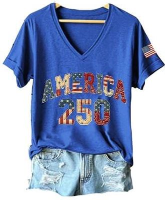 Generic T-shirt &agrave; motif patchwork 250e anniversaire pour femme T-shirt Am&eacute;rique 250 T-shirt patriotique drapeau am&eacute;ricain chemise pour femme, bleu, XXL