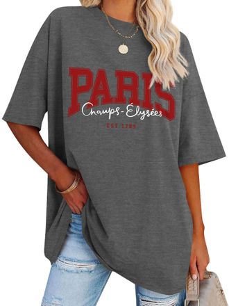 Dresswel Oversized T Shirt Damen Paris Brief drucken Vintage T-Shirt Kurzarm Rundhals Sommer Oberteile Lose Bluse Lang Tunika Top für Teenager Mädchen