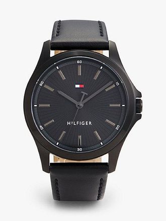 Tommy Hilfiger Montre bracelet en cuir plaqué ion noir