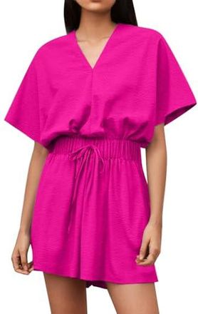 Generic Combinaison d&eacute;t&eacute; pour femme avec col en V et manches courtes - Taille smock&eacute;e - Jambe droite - Combinaison d&eacute;t&eacute; - Grenouill&egrave;re - Tenue de vacances de 