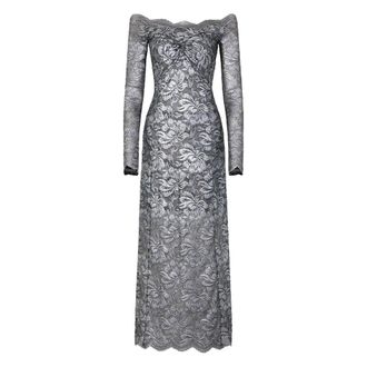 Paco Rabanne Femme, Robes, Gris, Taille: 40 FR Robe Longue en Dentelle Florale à Épaules Dénudées et Manches Longues