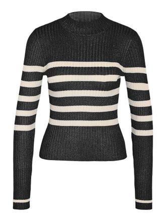 Noisy May Damen NMFIFI L/S HIGH Neck Rib Knit FWD NOOS Pullover, Black/Stripes:Oatmeal, XL