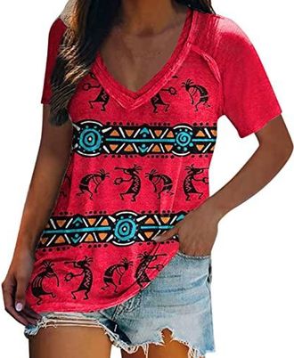 Janly T-shirts surdimensionn&eacute;s pour femmes T-shirt avec col en V Western Aztec Impression ethnique pour les loisirs Style d&eacute;t&eacute; Fille T-shirt dr&ocirc;le T-shirts 