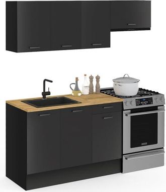 IDMarket Cuisine compl&egrave;te 180 cm Subtil avec Plan de Travail 5 &eacute;l&eacute;ments Noir et Plateaux Bois