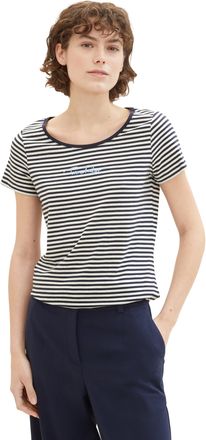 Tom Tailor Damen Basic T-Shirt mit Logo-Print, 29220 - Navy Stripes, XXXL