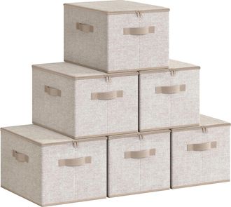 Songmics Aufbewahrungsbox mit Deckel, faltbare Stoffbox mit Griffen, Aufbewahrung f&uuml;r Kleidung, Vliesstoff, 6er Set, 40 x 30 x 25 cm, sandbeige RZB003K02