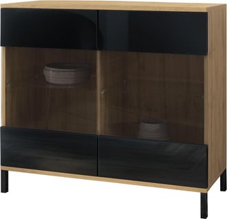 Vladon Kommode Bari V3, Moderner K&uuml;chenschrank mit 2 gro&szlig;en Glast&uuml;ren Eiche Evoke/Schwarz Hochglanz (92,5 x 83.5 x 35)