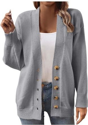 Generic 2026 Vestes dautomne et dhiver pour femme, couleur unie, temp&eacute;rament, veste pull &agrave; boutonnage, cardigan tricot&eacute;, gris, XL