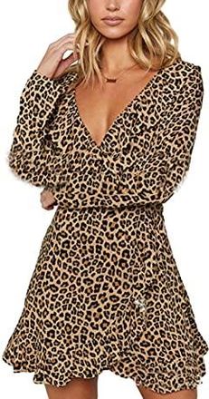 Keephen Femmes Imprimé Léopard Robes Vintage Élégant Mini Robe Sexy Col en V À Manches Longues Robe Casual Auto-Cravate Taille Wrap Robe
