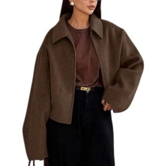 Generic Veste courte d&eacute;contract&eacute;e pour femme, veste dautomne l&eacute;g&egrave;re avec revers crant&eacute; et fermeture &eacute;clair int&eacute;grale pour un style tendance, marron, S
