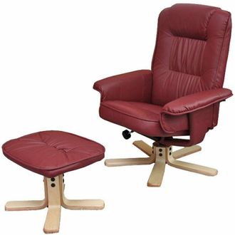 Hhg Relaxsessel H56, Fernsehsessel TV-Sessel mit Hocker Ottomane, Kunstleder Eukalyptus Holz MVG-zertifiziert bordeaux