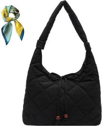 Generic Casual Commute Underarm Purse,Women Quilted Slouchy Bag,Padded Tote Hobo Shoulder Bags,Crosshatch Pattern Handbags (Black)