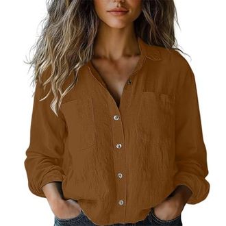 Generic Chemise d&eacute;contract&eacute;e en coton et lin pour femme - Manches longues - Couleur unie - Haut de travail ample avec poches - T-shirt &agrave; manches longues pour 