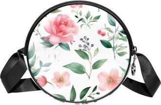 Generic Petit sac &agrave; bandouli&egrave;re circulaire pour femme, motif feuilles florales, sac &agrave; dos avec fermeture &eacute;clair, bretelles r&eacute;glables, sac &agrave; main rond d&eacute;contra