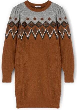 Motivi Femme, Robes, Brun, Taille: 38 FR Jacquard Dress with Balloon Sleeves