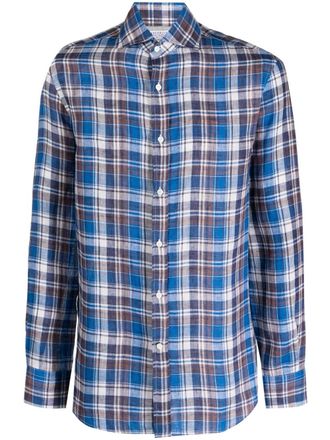 Brunello Cucinelli chemise en lin &agrave; carreaux - Bleu
