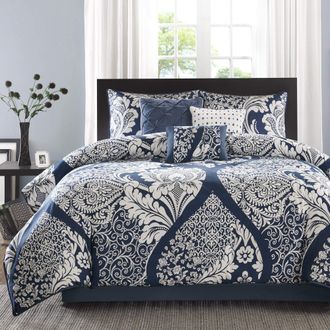 Madison Park Sateen Cotton Comforter Set-Traditional Luxe Design All Season Lightweight Bedding, Shams, Bedskirt, Decorative Pillows, Cal King(104x92), Vienna, Dam