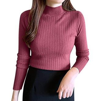 Generic Sous-pull &agrave; manches longues pour femme avec col montant - T-shirt en tricot c&ocirc;tel&eacute; - T-shirt &agrave; manches longues - Couleur unie - Col roul&eacute; - Sweat-shir