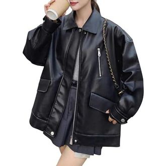 Generic Blouson bomber surdimensionn&eacute; en similicuir pour femme avec deux poches pour printemps et hiver 2026, Noir, XL