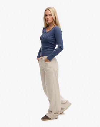 Superdry Pantalon baggy &agrave; taille mi-haute en velours c&ocirc;tel&eacute; - Gris clair de lune-Blanc