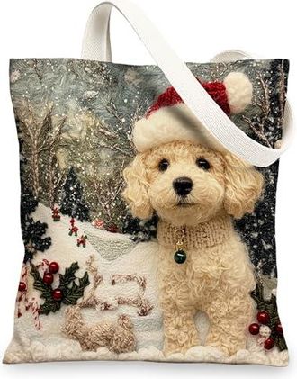 Generic Sac fourre-tout en toile motif chien cavachon de No&euml;l pour faire du shopping 33 x 38,1 cm, sac d&eacute;picerie r&eacute;utilisable pour femme, peinture danimaux do