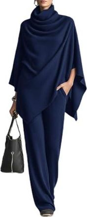 Generic Ensemble 2 pi&egrave;ces pour femme - Col roul&eacute; - Col roul&eacute; - Col roul&eacute; - Chauve-souris - Tricot &eacute;l&eacute;gant - 2 pi&egrave;ces, bleu, L