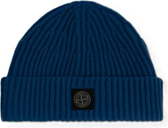 Stone Island Homme, Accessoires, Bleu, Taille: ONE Size Bonnet en Laine Bleu Côtelé avec Logo
