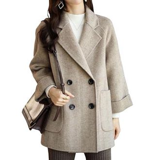 Generic Manteau crois&eacute; femme en laine m&eacute;lang&eacute;e, mi-long, caban, v&ecirc;tement dhiver, veste &agrave; revers crant&eacute;, couleur caf&eacute;, taille L