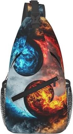 Generic Grand sac &agrave; dos &agrave; bandouli&egrave;re &agrave; suspendre au mur Motif feu et glace Yin et Yang Tai Chi Pour homme