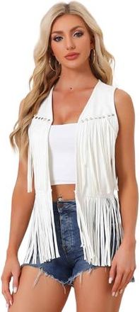 Allegra K Gilet &agrave; Franges Femme Devant Ouvert Veste Vintage sans Manches Style Cowboy des Ann&eacute;es 70 Cardigan en Faux Su&egrave;de &agrave; Pompons Blanc S