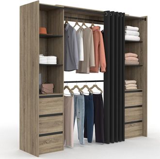 IDMarket Dressing extensible double MERYL 120/180 cm h&ecirc;tre avec 6 tiroirs + &eacute;tag&egrave;res + double penderie + rideau noir