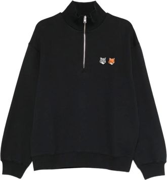 Maison Kitsun&eacute; Homme, Sweatshirts et sweats &agrave; capuche, Noir, Taille: L SweaT-shirt confort demi-zip Double Fox Head