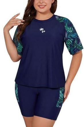 SHEKINI Maillot de bain 2 pi&egrave;ces Rashguard pour femme avec soutien-gorge int&eacute;gr&eacute;, maillot de bain &agrave; manches courtes et short boyshort avec poches, Feuilles bl