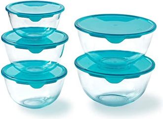 Pyrex Lot de 5 Bols/Saladiers avec Couvercles - 1x0,5L + 2x1L + 2x2L - Verre Borosilicate - Extr&ecirc;me R&eacute;sistance - Compatible Lave-Vaisselle - Made in France